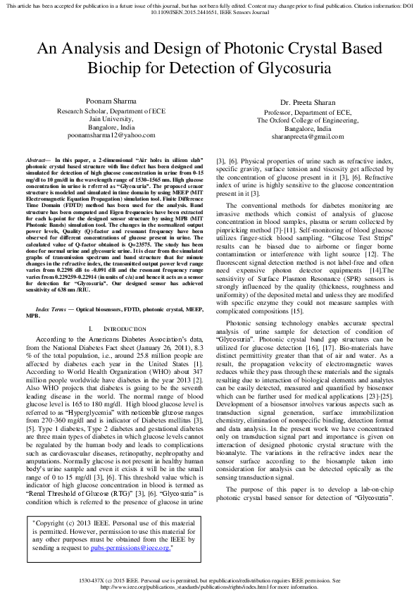 (PDF) An Analysis and Design of Photonic Crystal-Based Biochip for Detection of Glycosuria