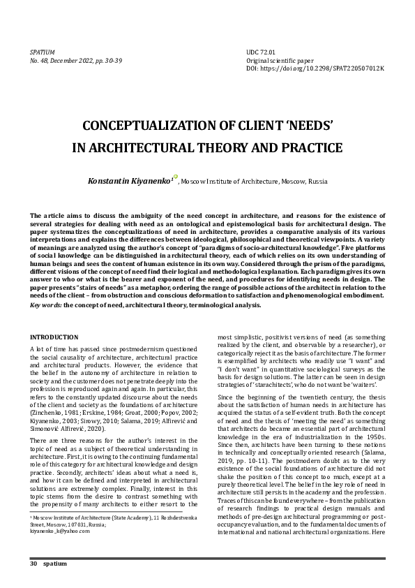 (PDF) Conceptualization of client 'needs' in architectural theory and ...