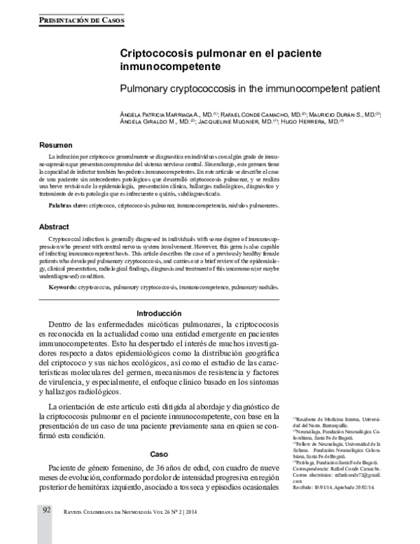(PDF) Criptococosis pulmonar en el paciente inmunocompetente