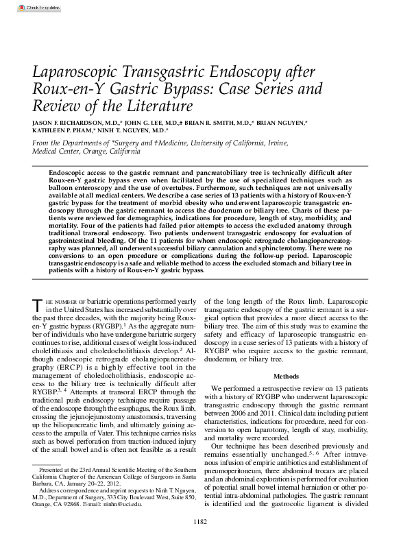 (PDF) Laparoscopic transgastric endoscopy after Roux-en-Y gastric bypass