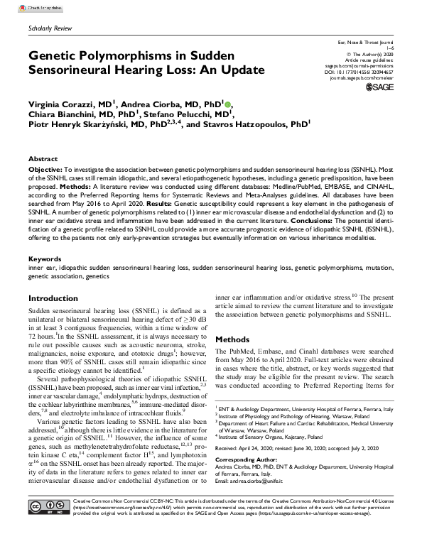 (PDF) Genetic Polymorphisms in Sudden Sensorineural Hearing Loss: An Update