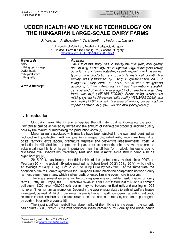 (PDF) Udder health and milking technology on the Hungarian large-scale ...