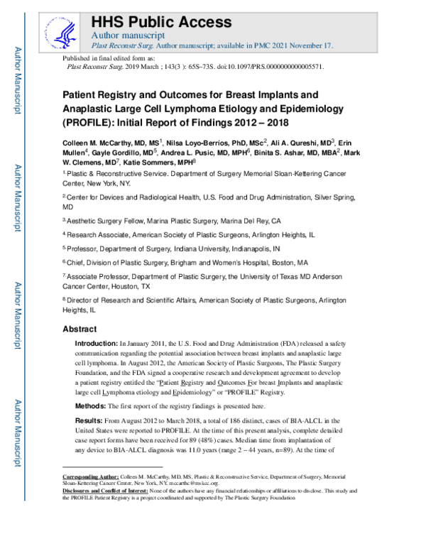 (PDF) Patient Registry and Outcomes for Breast Implants and Anaplastic Large Cell Lymphoma ...