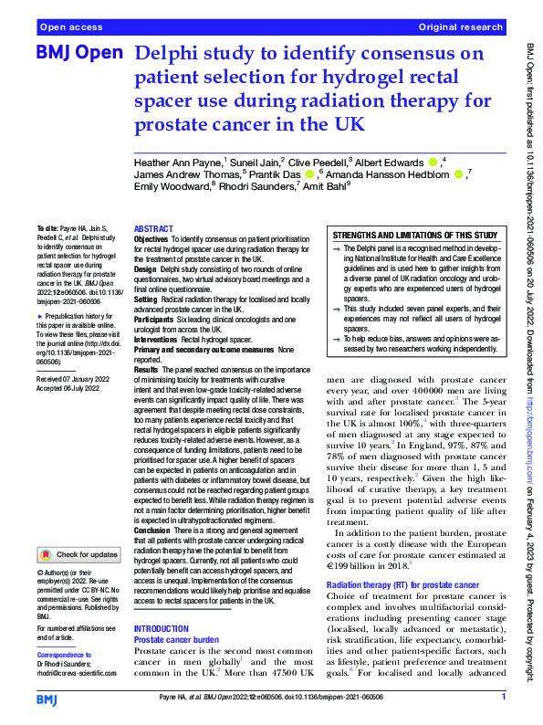 (PDF) Delphi study to identify consensus on patient selection for hydrogel rectal spacer use ...