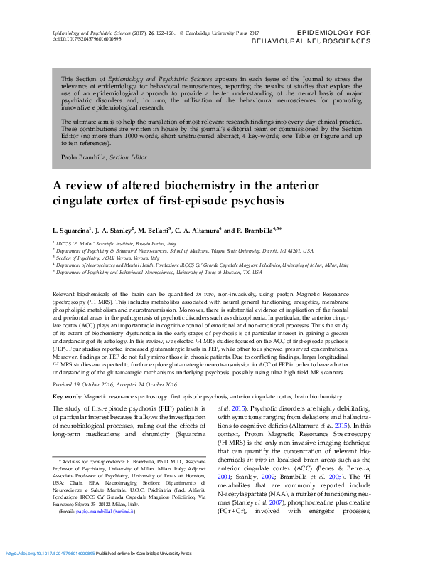(PDF) A review of altered biochemistry in the anterior cingulate cortex of first-episode psychosis