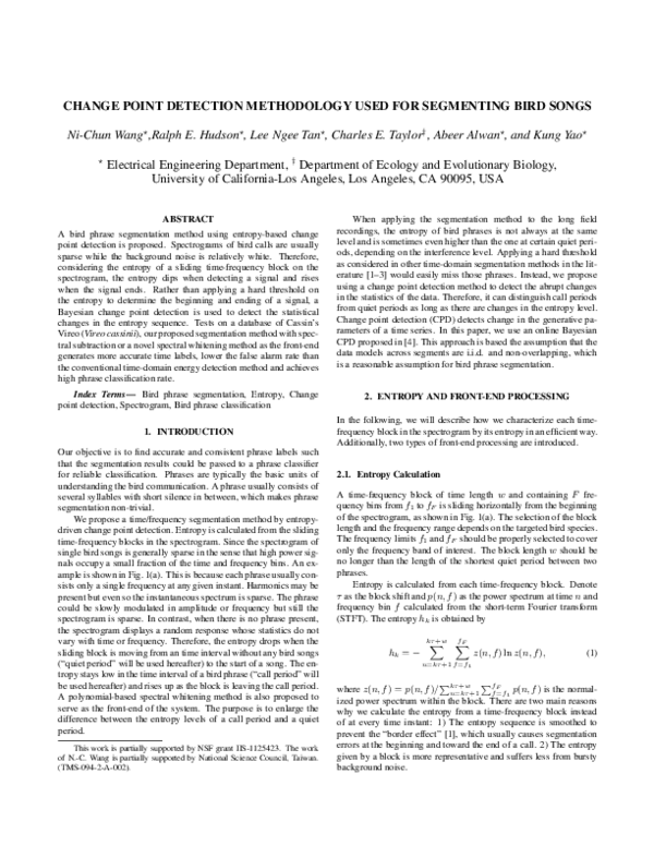 (PDF) Change point detection methodology used for segmenting bird songs