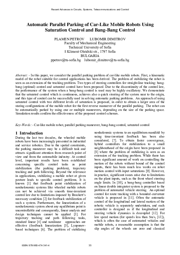 Pdf Automatic Parallel Parking Of Car Like Mobile Robots Using Saturation Control And Bang