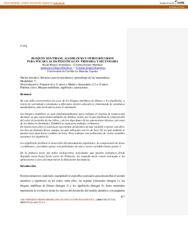 (PDF) Bloques multibase, algeblocks y otros recursos para tocar las matemáticas en primaria y ...