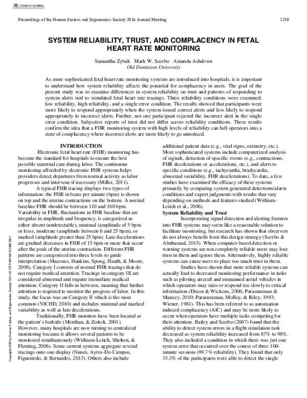 (PDF) System Reliability, Trust, and Complacency in Fetal Heart Rate Monitoring