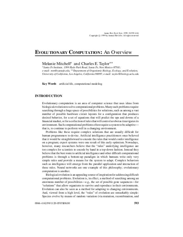 Pdf Evolutionary Computation An Overview