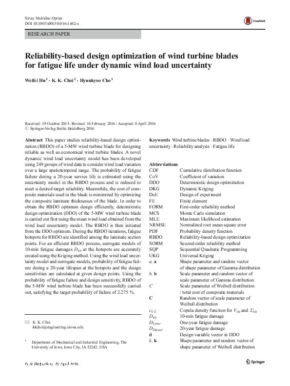 (PDF) Reliability-Based Design Optimization of Wind Turbine Systems