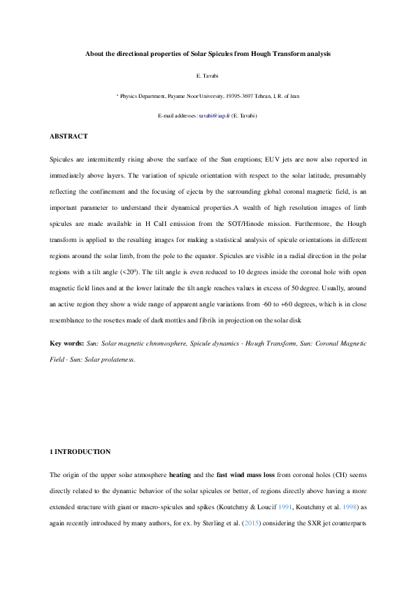 (PDF) About the directional properties of Solar Spicules from Hough Transform analysis