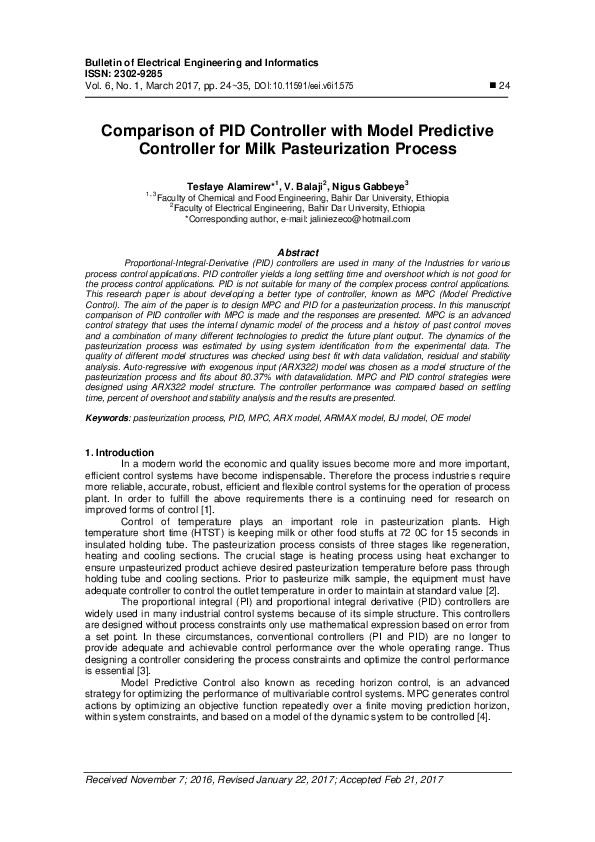 (PDF) Comparison of PID Controller with Model Predictive Controller for Milk Pasteurization Process