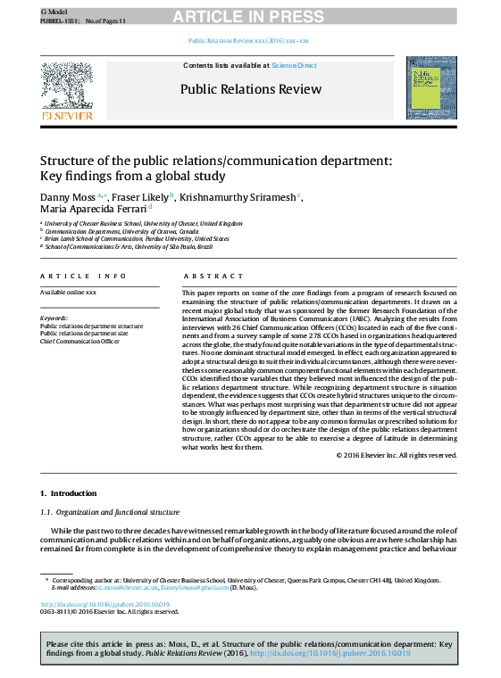 (PDF) Structure of the public relations/communication department: Key ...