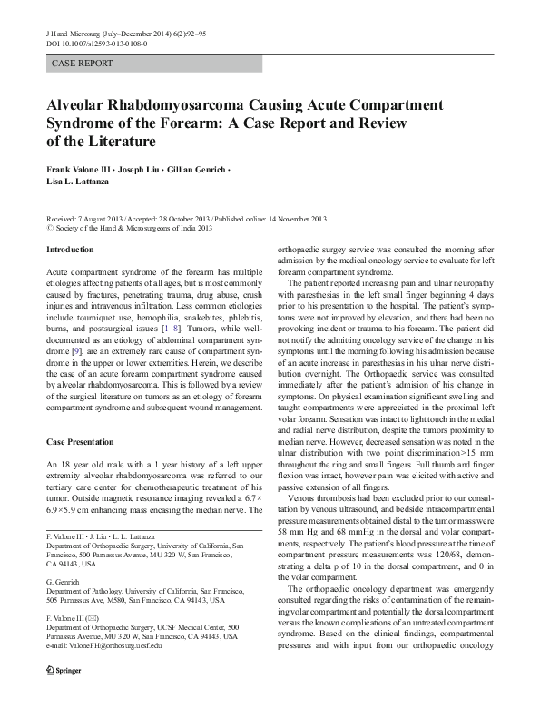 (PDF) Alveolar rhabdomyosarcoma causing acute compartment syndrome of ...