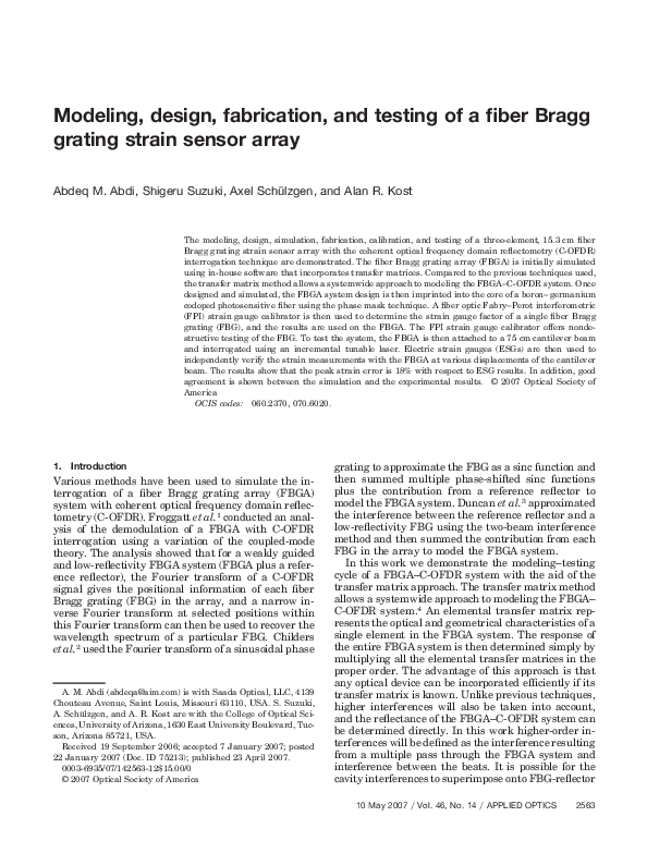 Pdf Modeling Design Fabrication And Testing Of A Fiber Bragg Grating Strain Sensor Array