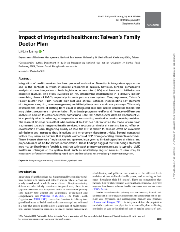 (PDF) Impact of integrated healthcare: Taiwan’s Family Doctor Plan