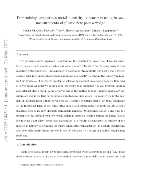 (PDF) Determining large-strain metal plasticity parameters using in-situ measurements of plastic ...