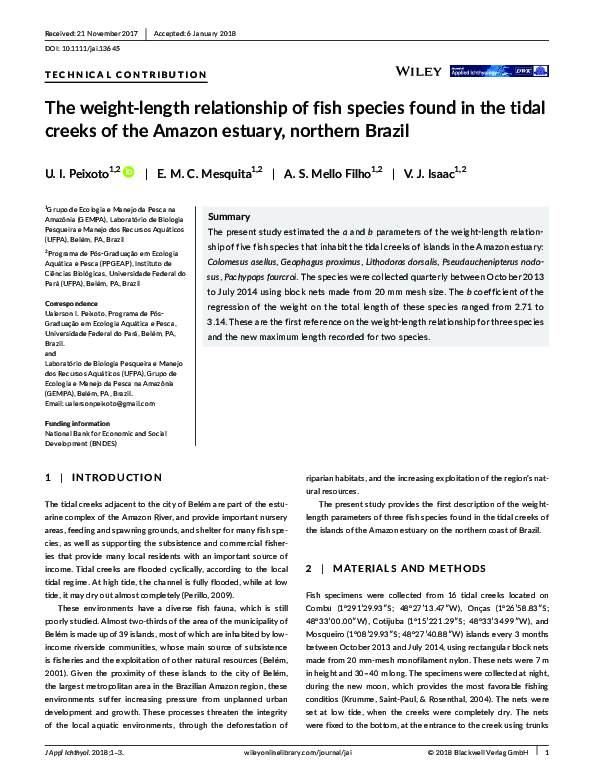 (PDF) The weight-length relationship of fish species found in the tidal ...