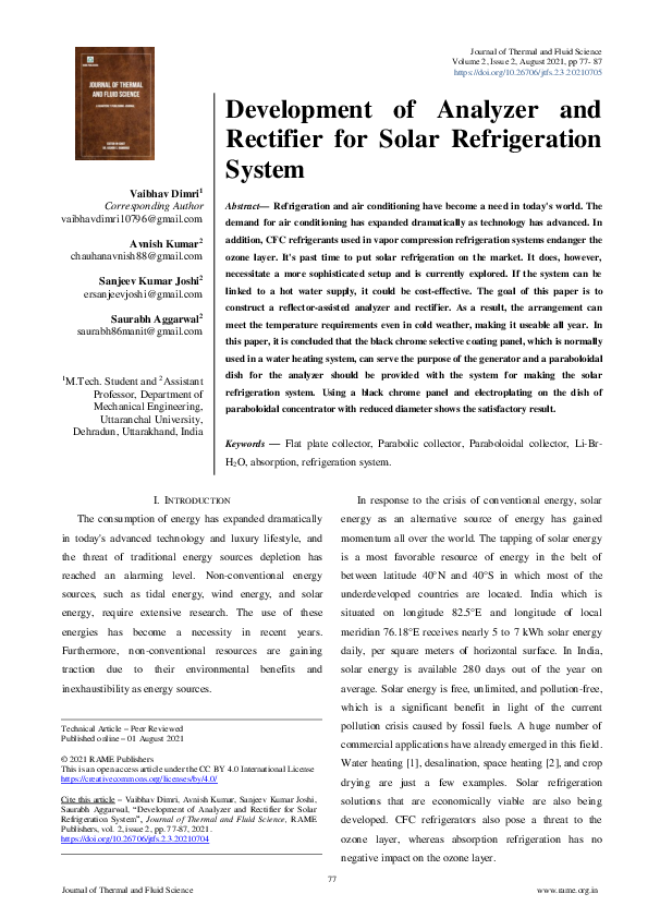 (PDF) Development of Analyzer and Rectifier for Solar Refrigeration System