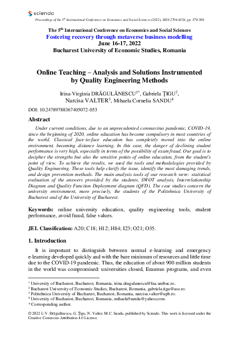 (PDF) Online Teaching – Analysis and Solutions Instrumented by Quality ...
