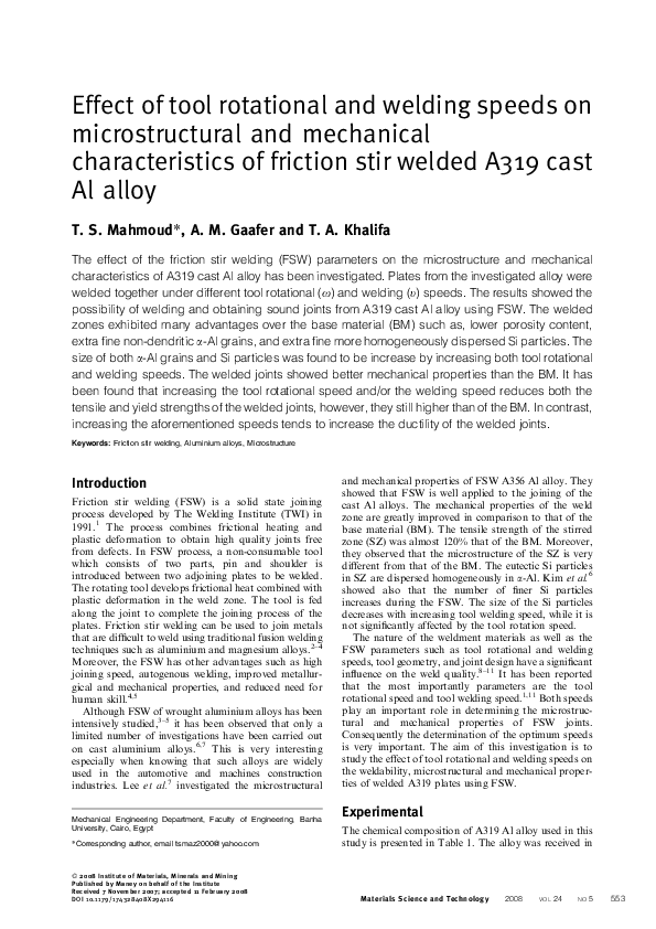 (PDF) Effect of tool rotational and welding speeds on microstructural ...