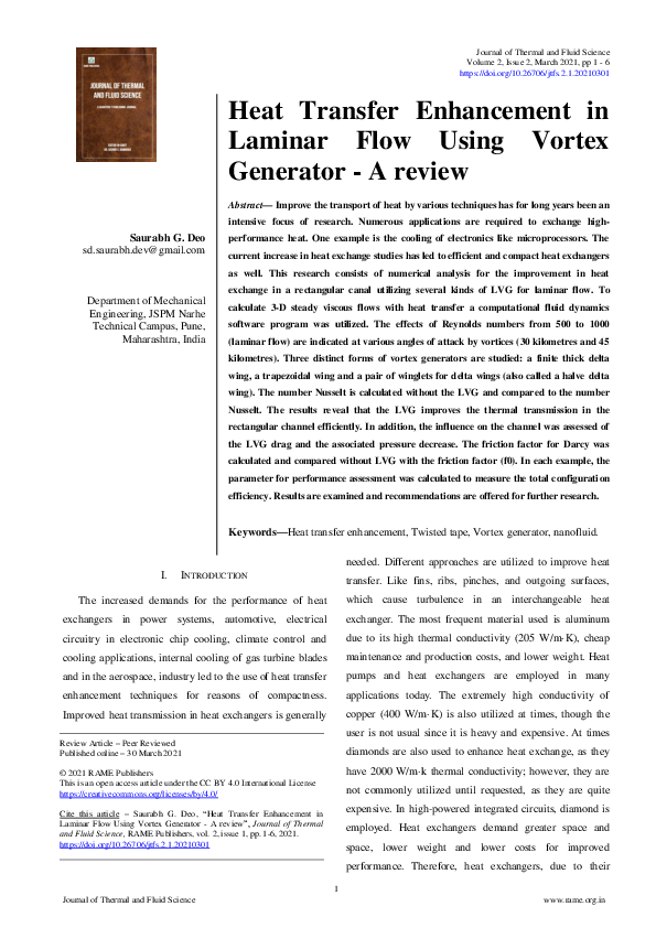 (PDF) Heat Transfer Enhancement in Laminar Flow Using Vortex Generator ...