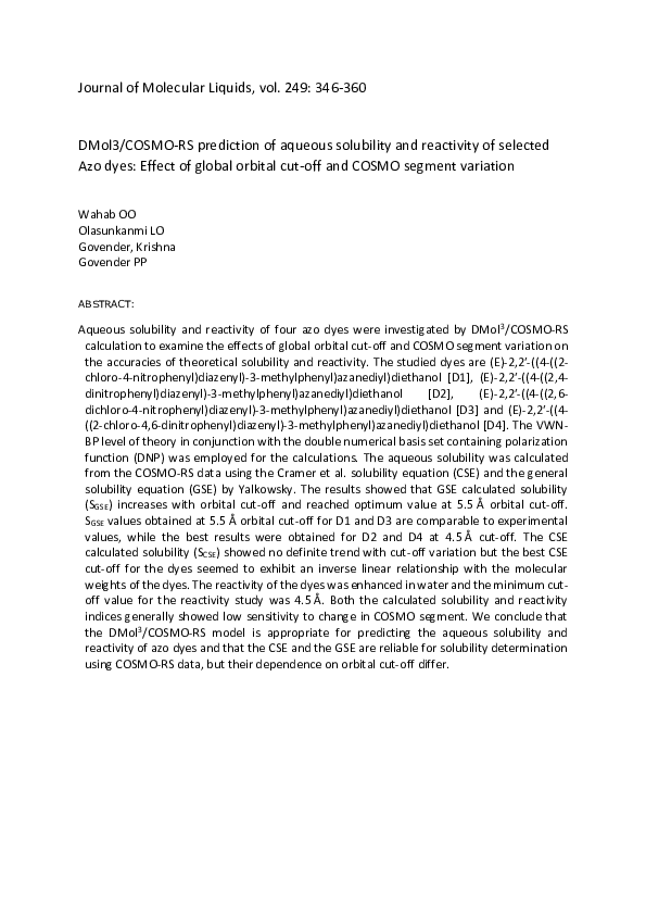 (PDF) DMol 3 /COSMO-RS prediction of aqueous solubility and reactivity of selected Azo dyes ...
