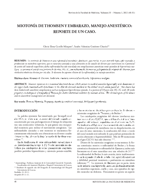 (PDF) Miotonía De Thomsen y Embarazo, Manejo Anestésico: Reporte De Un Caso