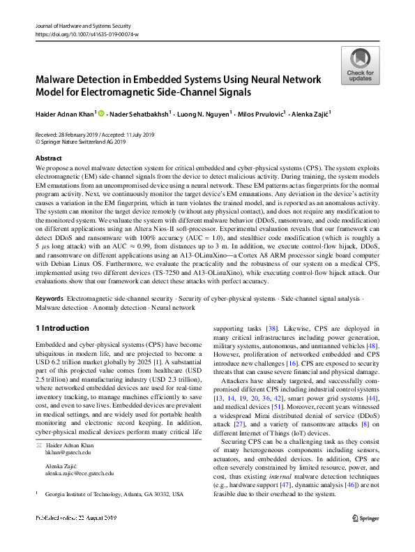 Pdf Malware Detection In Embedded Systems Using Neural Network Model For Electromagnetic Side