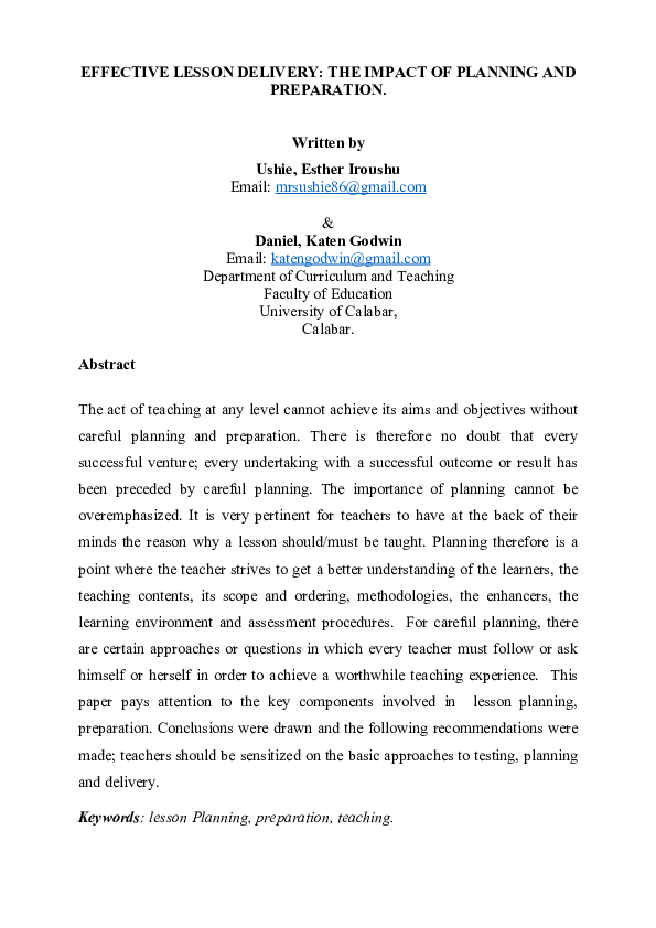 (DOC) EFFECTIVE LESSON DELIVERY: THE IMPACT OF PLANNING AND PREPARATION ...