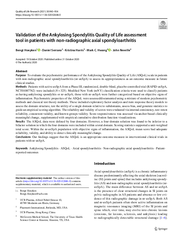 (PDF) Validation of the Ankylosing Spondylitis Quality of Life assessment tool in patients with ...