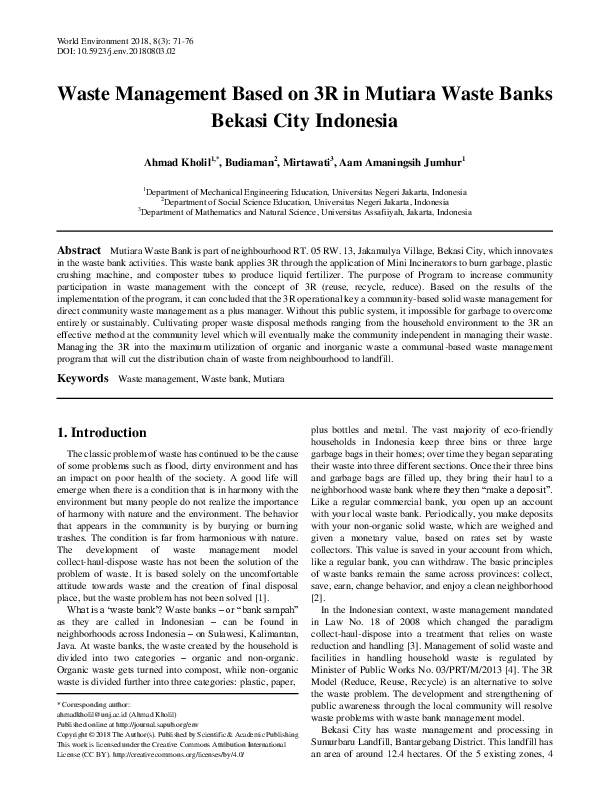 (PDF) Waste Management Based on 3R in Mutiara Waste Banks Bekasi City ...