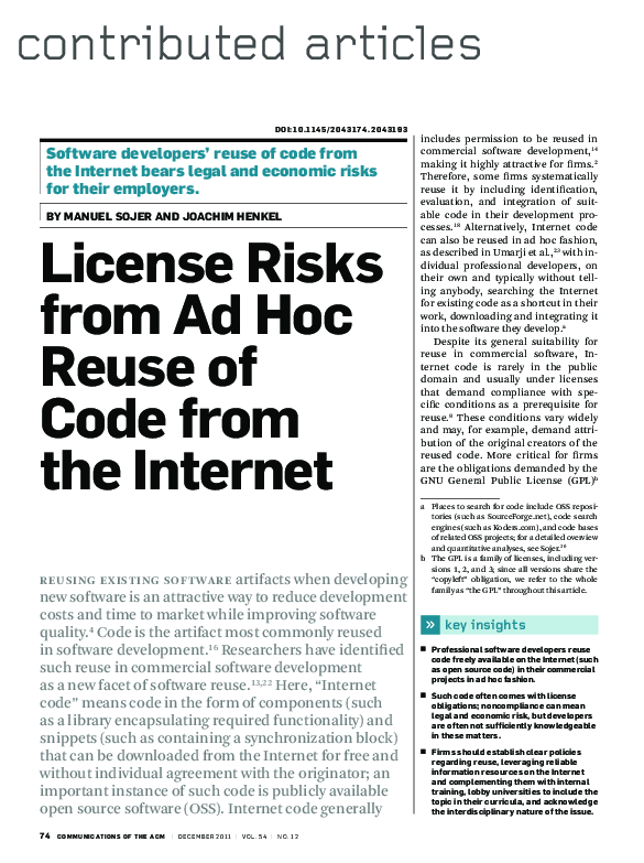 (PDF) License risks from ad hoc reuse of code from the internet