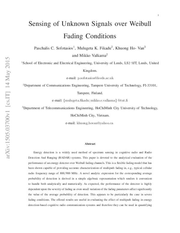 (PDF) Sensing of Unknown Signals over Weibull Fading Conditions
