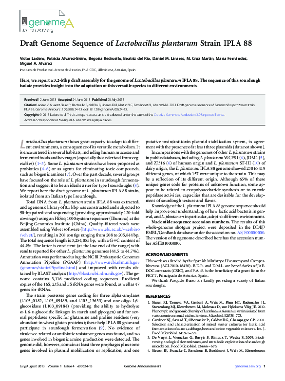 (PDF) Draft Genome Sequence of Lactobacillus plantarum Strain IPLA 88