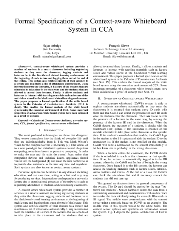 (PDF) Formal Specification of a Context-aware Whiteboard System in CCA