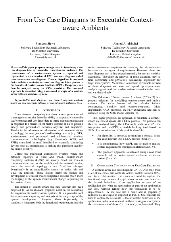 (PDF) From use case diagrams to executable context-aware ambients | Francois Siewe - Academia.edu