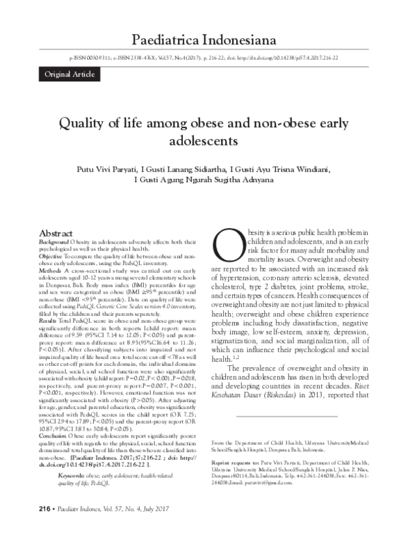 (PDF) Quality of life among obese and non-obese early adolescents
