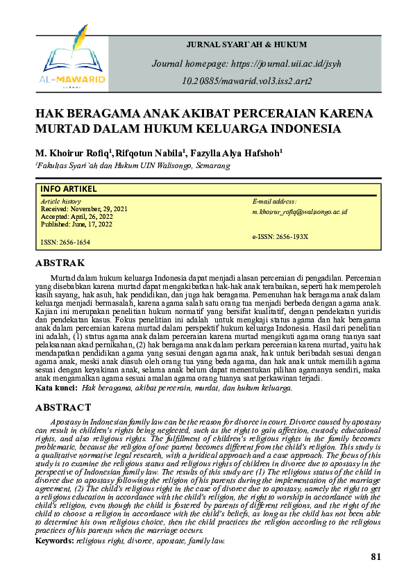 (PDF) Hak Beragama Anak Akibat Perceraian Karena Murtad dalam Hukum ...