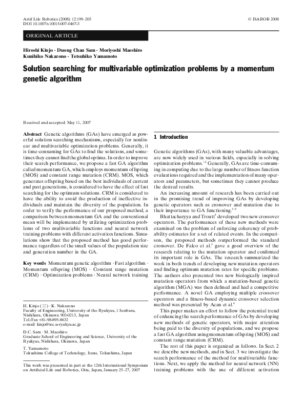 Pdf Solution Searching For Multivariable Optimization Problems By A Momentum Genetic Algorithm