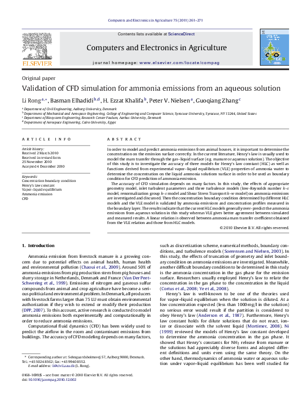 (PDF) Validation of CFD simulation for ammonia emissions from an aqueous solution