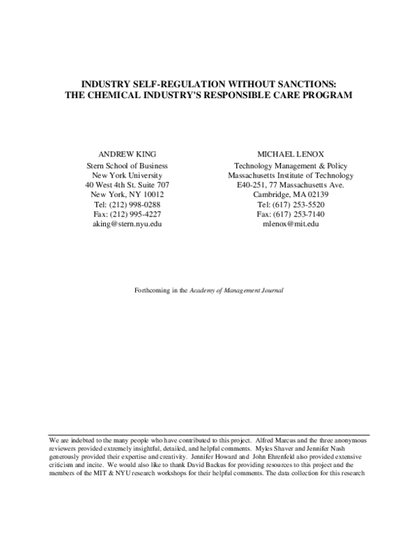 (PDF) Industry Self-Regulation Without Sanctions: The Chemical Industry ...