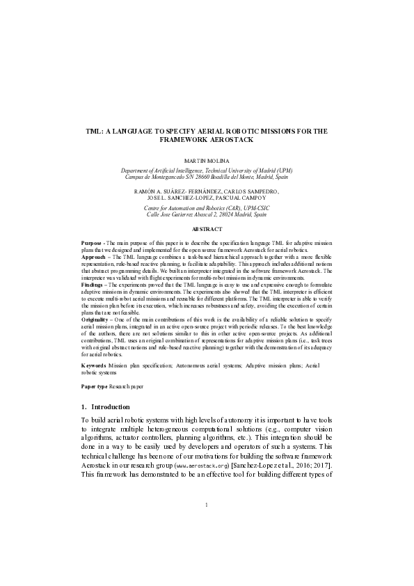 Pdf Tml A Language To Specify Aerial Robotic Missions For The Framework Aerostack
