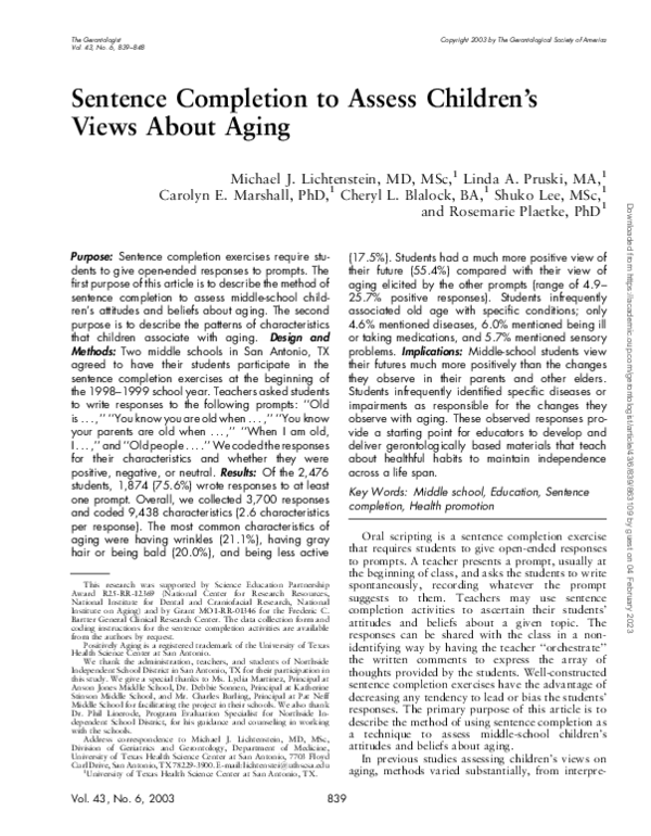 (PDF) Sentence Completion to Assess Children's Views About Aging ...