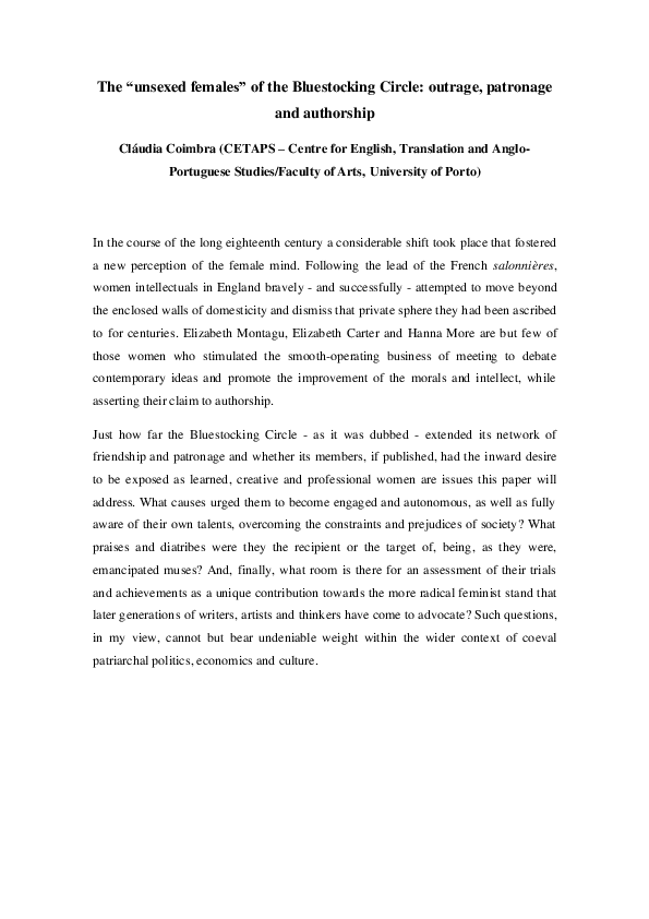 (PDF) The "unsexed females" of the Bluestocking Circle: outrage ...