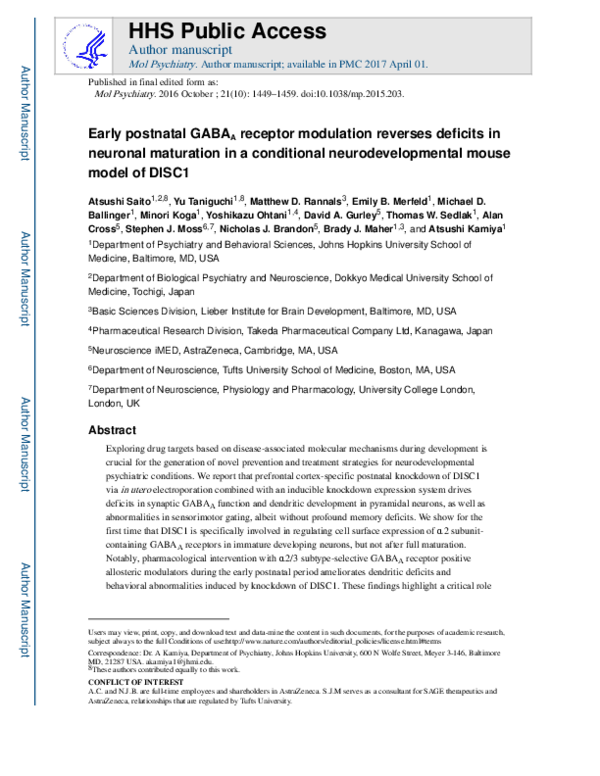 (PDF) GABAA Receptor Modulation in DISC1 Model