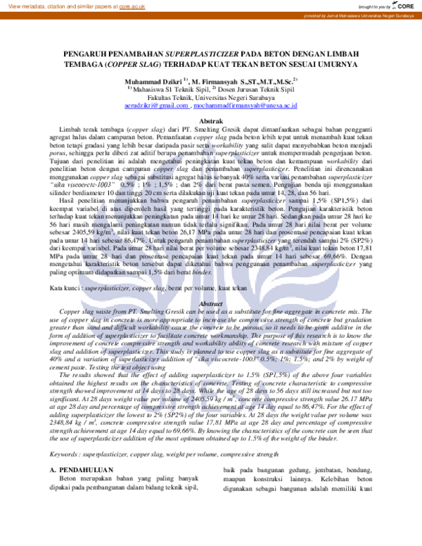 (PDF) Pengaruh Penambahan Superplasticizer Pada Beton Dengan Limbah Tembaga (Copper Slag ...