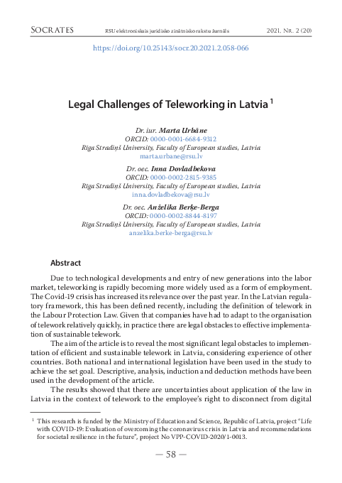 (PDF) Legal Challenges of Teleworking in Latvia