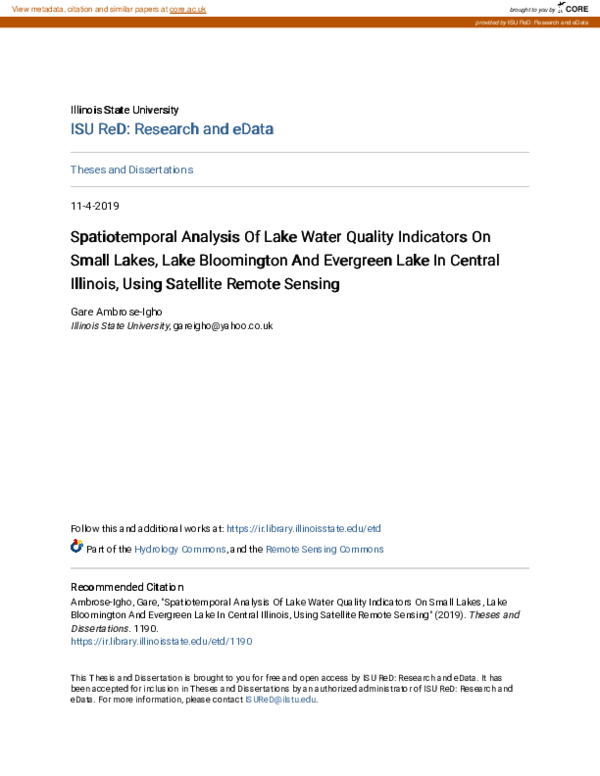 (PDF) Spatiotemporal Analysis Of Lake Water Quality Indicators On Small ...